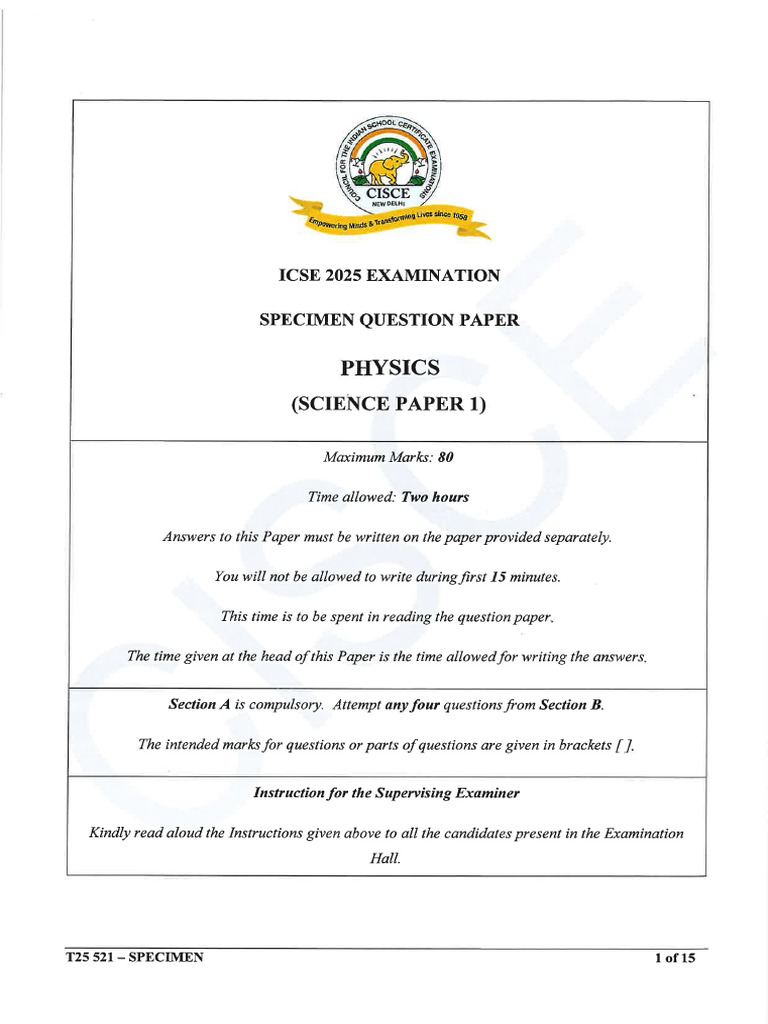 Icse 2025 Specimen QP Ms 521 Sci1 | PDF