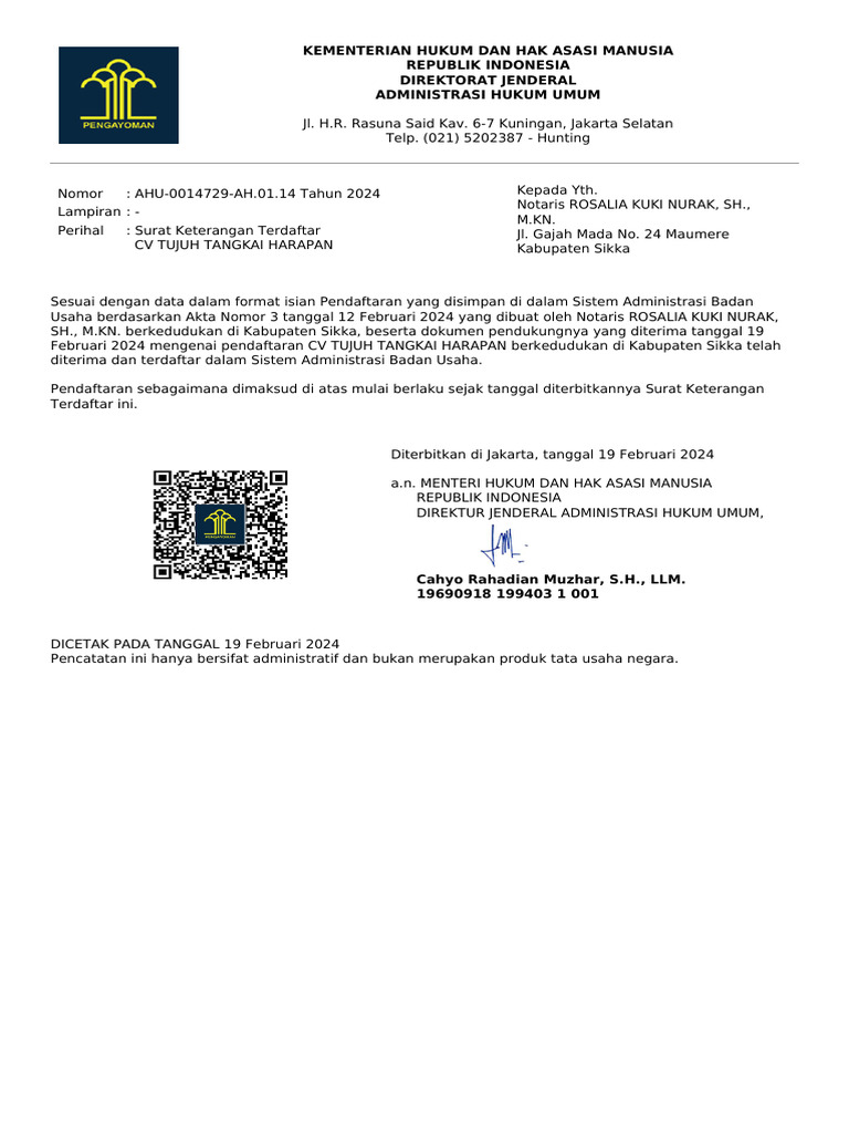 Surat Keterangan Terdaftar CV | PDF