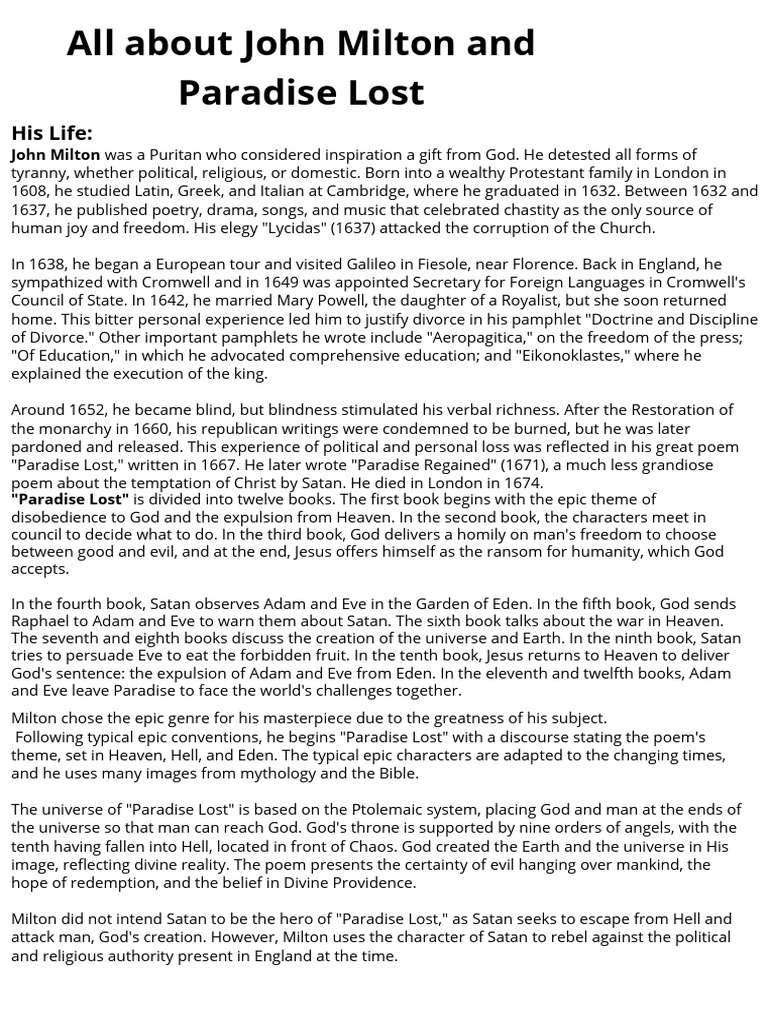 All About John Milton and Paradise Lost With Satan's Speech | PDF ...