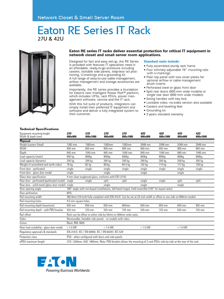 Eaton RE Series IT Rack 27U-42U - Datasheet | PDF | Manufactured Goods ...
