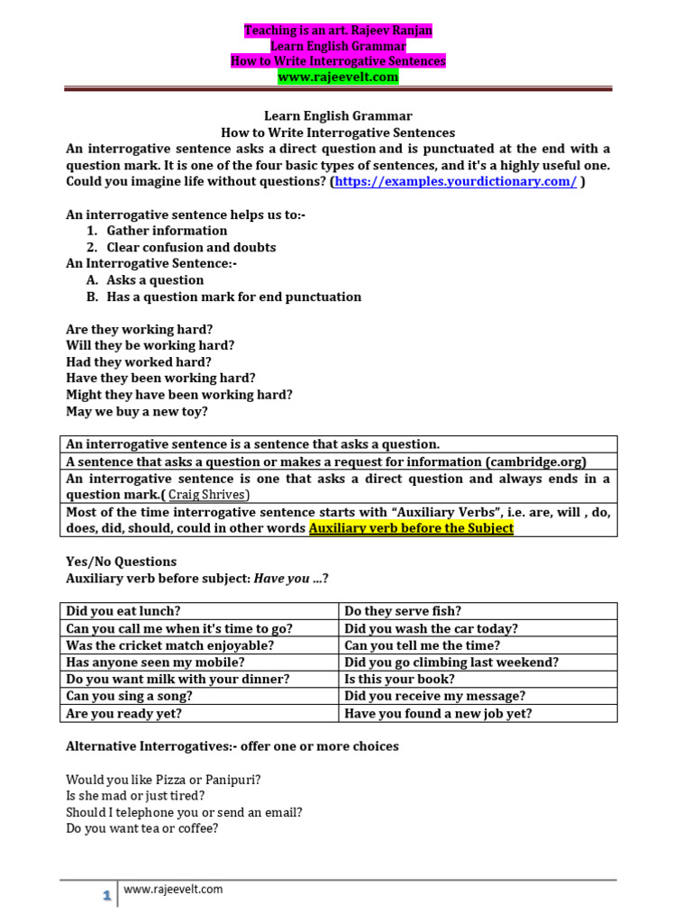 Interrogative Question Sentences Learn English Grammar Rajeevelt | PDF ...