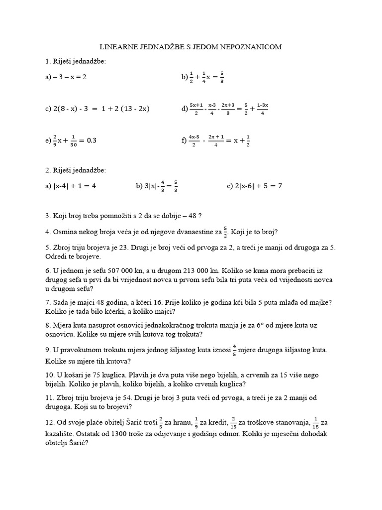 Linearne Jednadžbe (Zadaci + Problemski) 2 | PDF
