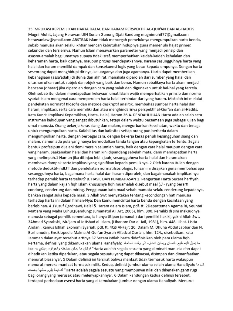 35 Implikasi Kepemilikan Harta Halal Dan Haram Perspektif Al | PDF