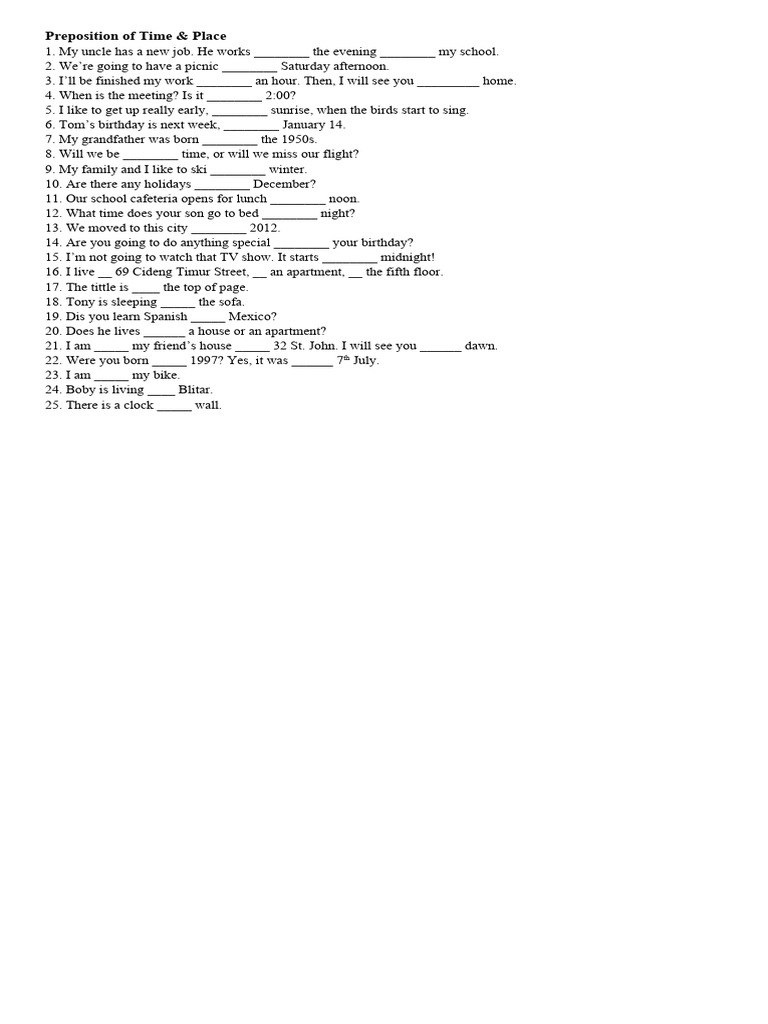 Prepositions of Time and Place Guide | PDF