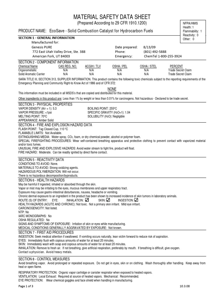 Genesis PURE - MSDS-GenesisPure Caplets | PDF | Dangerous Goods ...