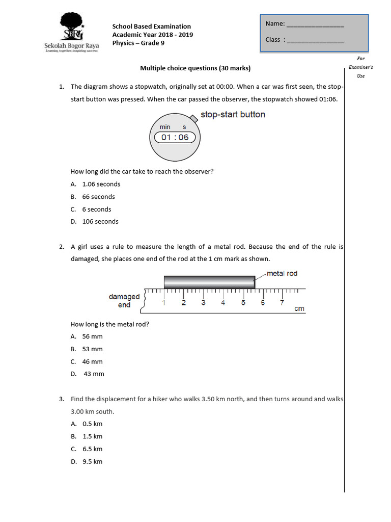 SBE Physics G9 QP | PDF | Force | Kilogram