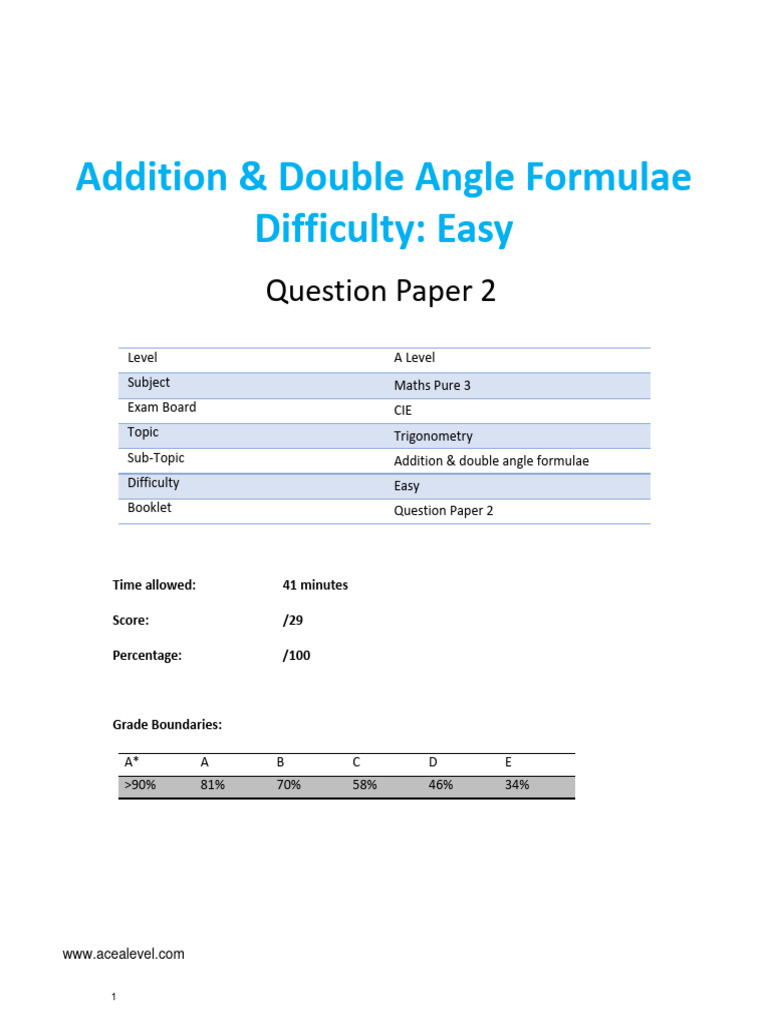 A3.5 Addition - Double Angle Formulae Topic Booklet 2 Easy CIE A Level ...