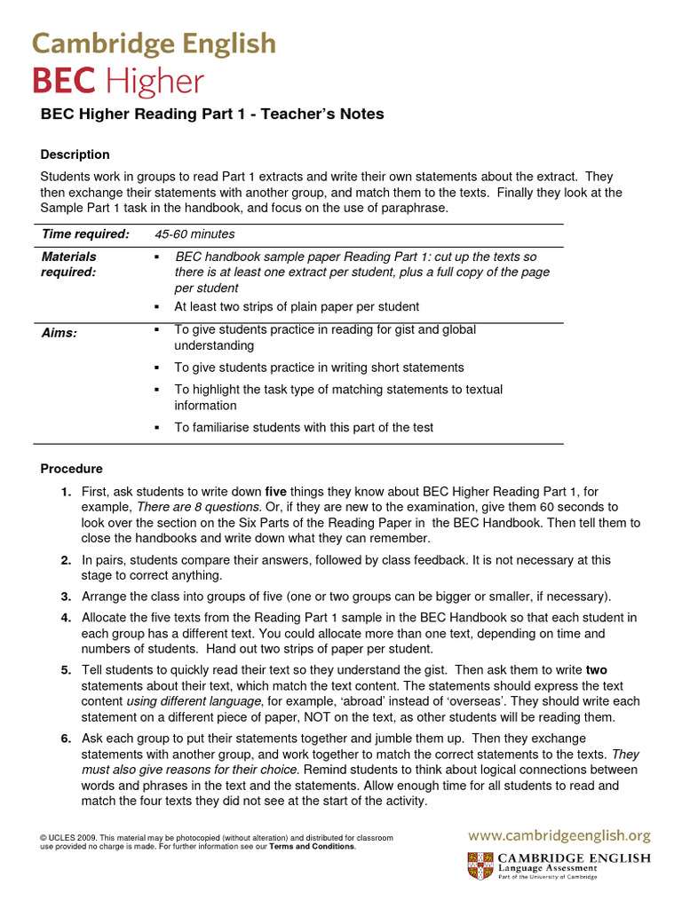 Cambridge English Business Higher Bec Higher Reading Part 1 | PDF ...