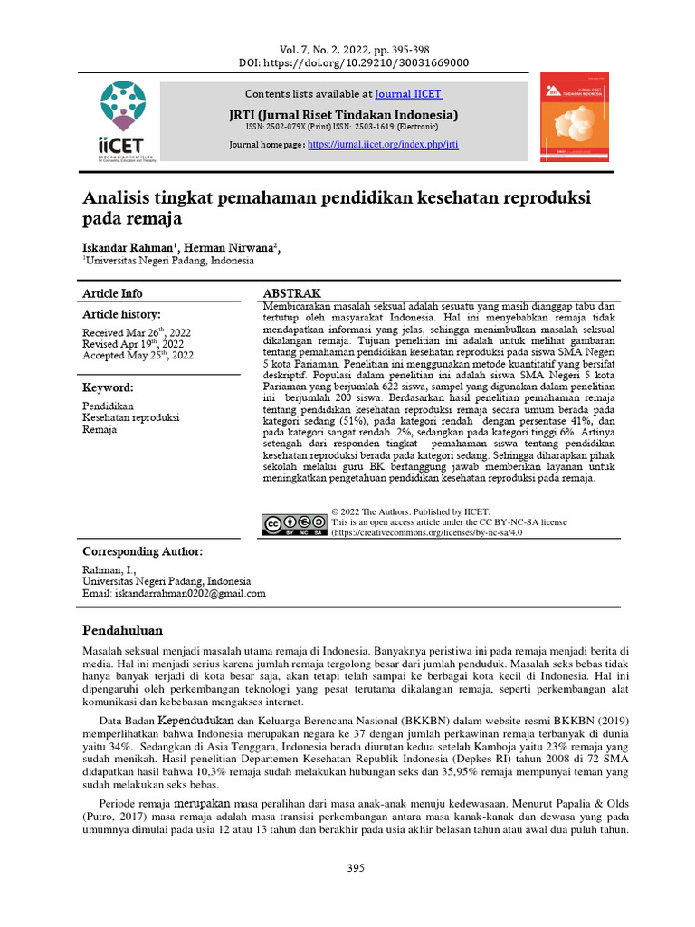 Analisis Tingkat Pemahaman Pendidikan Kesehatan Reproduksi Pada Remaja | PDF