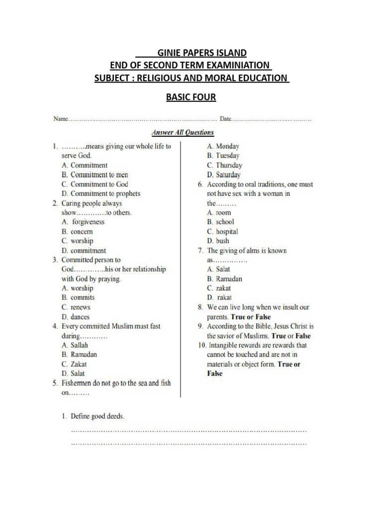 Basic Four Religious Exam | PDF