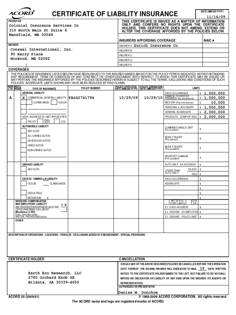 Certificate of Liability Insurance Details | PDF | Insurance | Legal ...