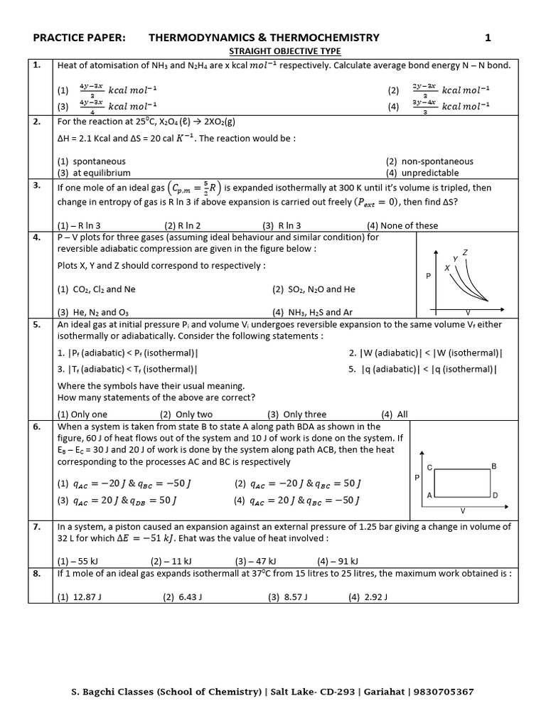 Practice Paper - Thermodynamics & Thermochemistry | PDF | Physical ...