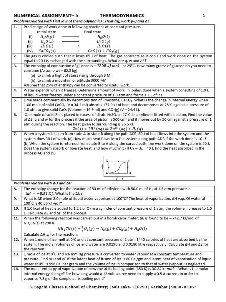 Numerical Assignment Thermodynamics-i | PDF | Heat | Enthalpy