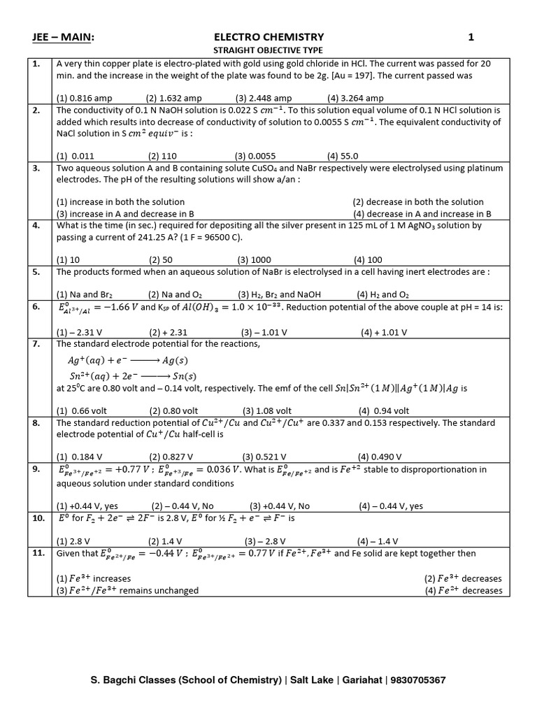Jee-Main Electro Chemistry | PDF | Electrochemistry | Physical Chemistry