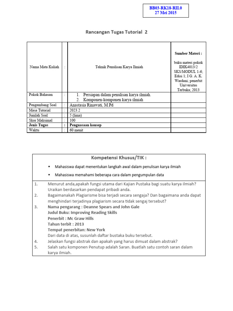 RANCANGAN TUGAS TUTORIAL 2 TEKNIK PENULISAN KARIL | PDF