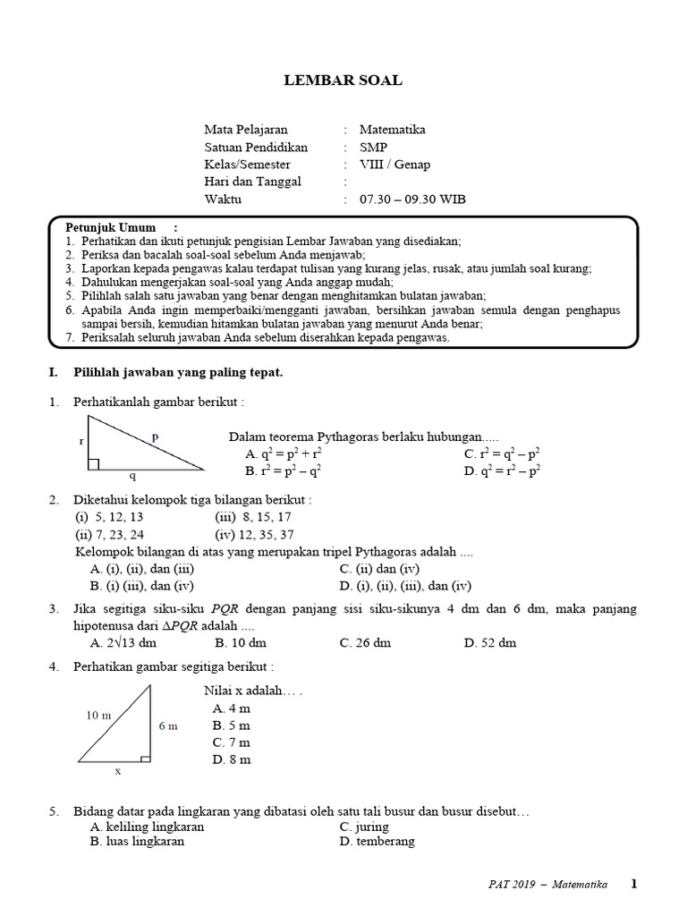 Soal Pat Matematika Kelas 8 Sem 2 | PDF
