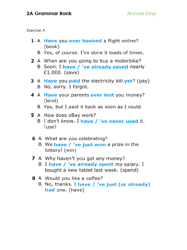 2A Grammar Bank Answer Keys | PDF