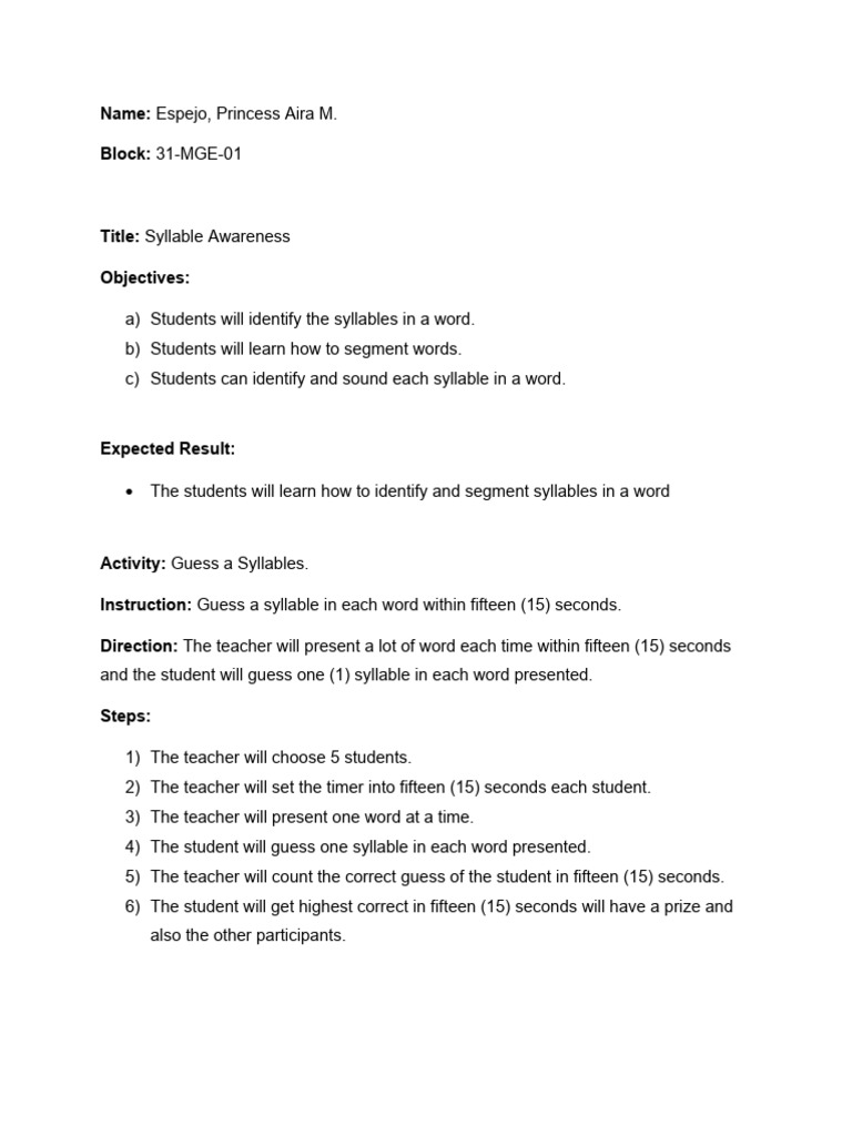 Syllable Awareness Lesson Plan | PDF