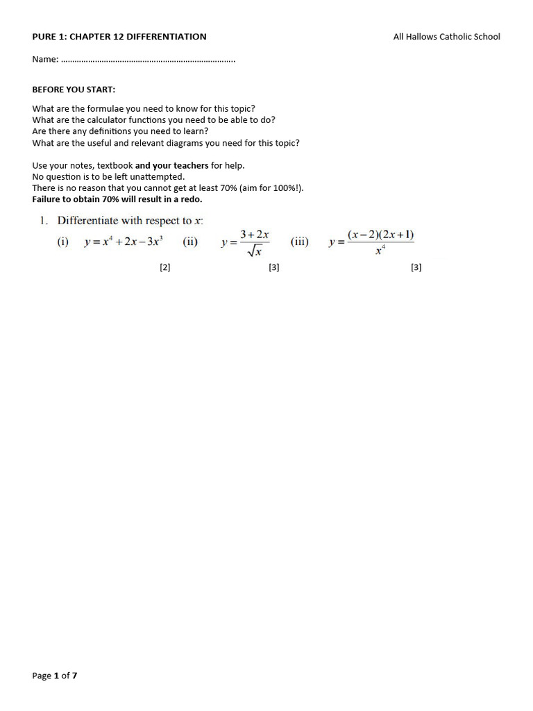 Pure 1: Chapter 12 Differentiation: Before You Start | PDF