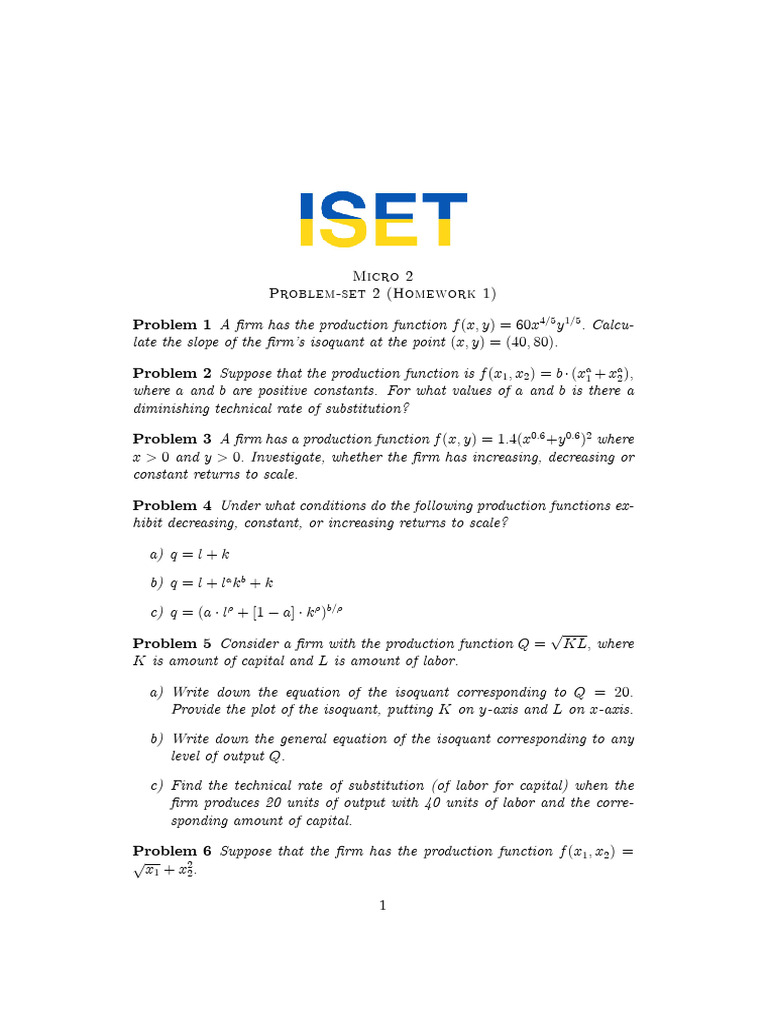 Problem Set 2 Homework 1 Pdf Production Function Economics