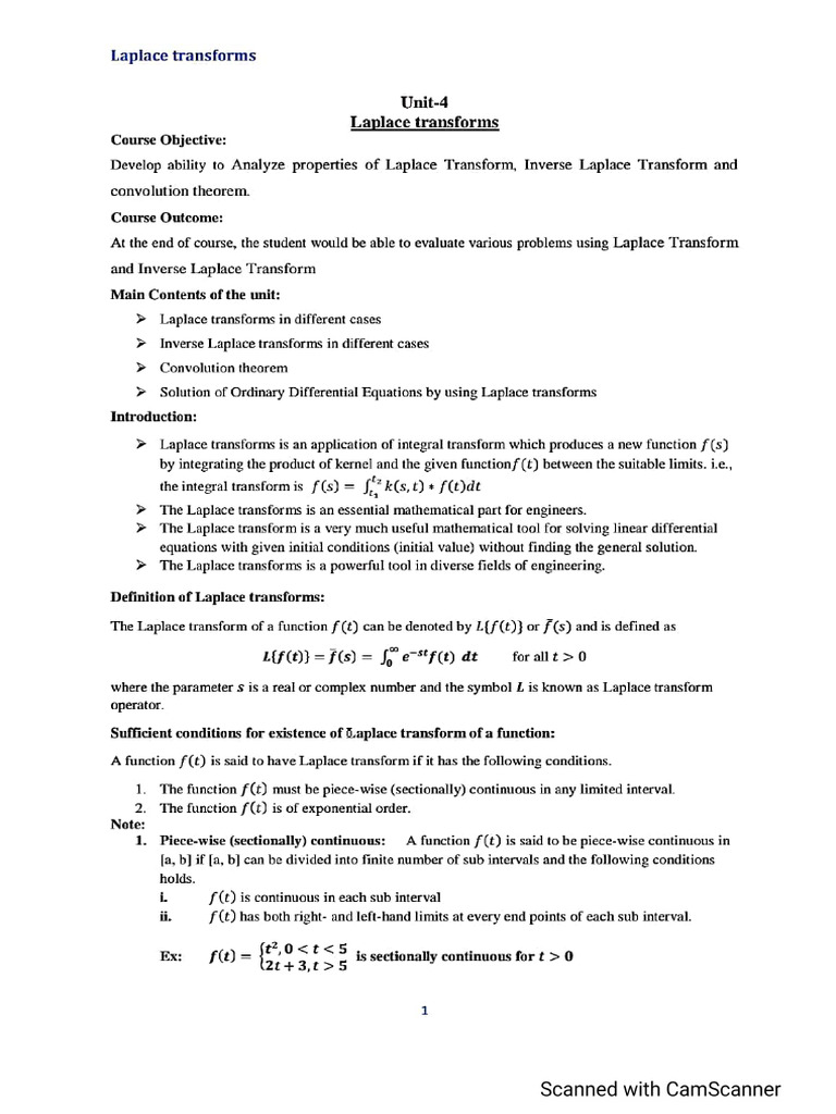 Unit-3 Laplace Transform-Lecture Notes | PDF Unit-3 Laplace Transform-Lecture Notes | PDF