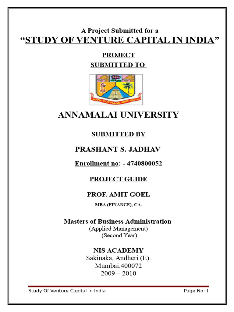 Project On Study of Venture Capital in India | PDF | Corporate Finance | Venture Capital