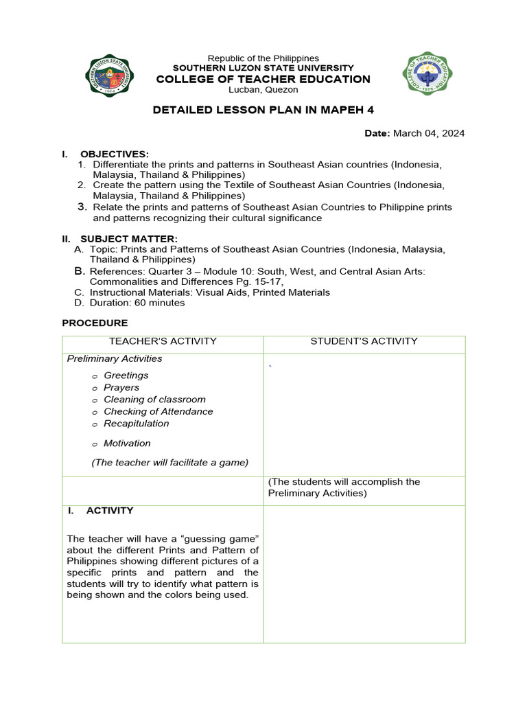 Arts Lesson Plan Revised | PDF | Pattern | Textiles