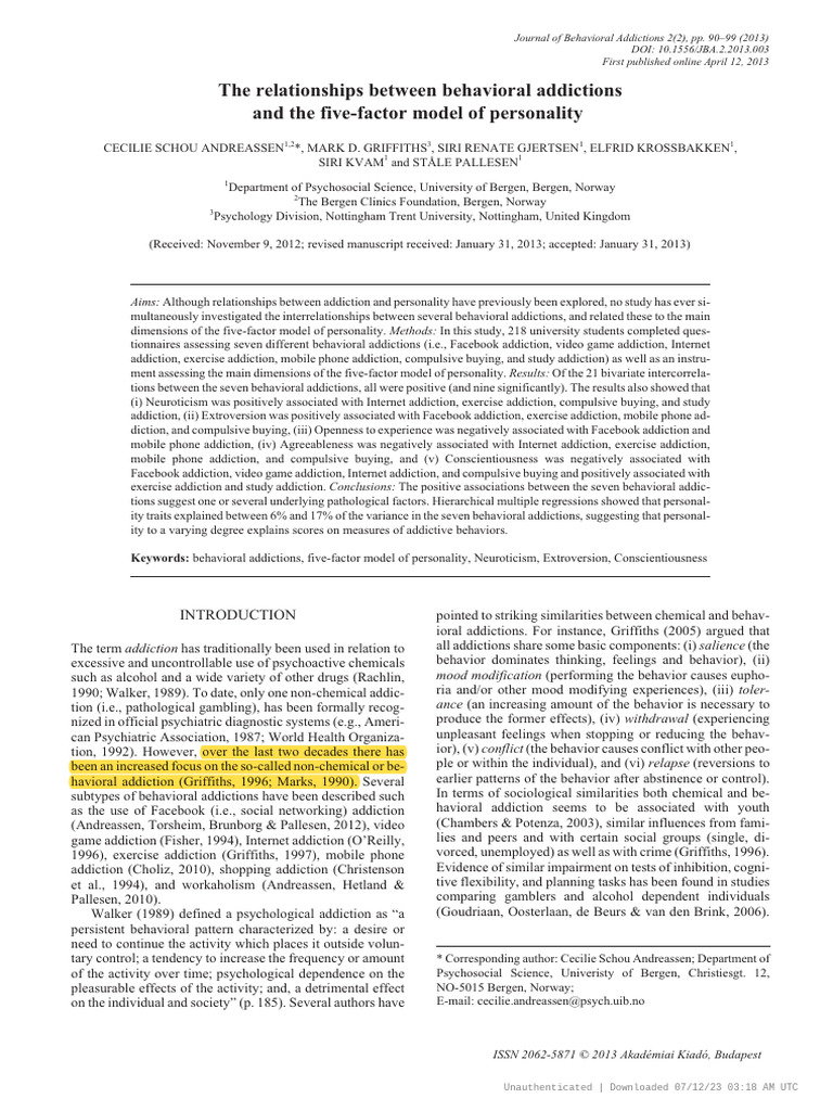 Behavioral Addictions & Personality Traits | PDF | Extraversion And Introversion | Psychology