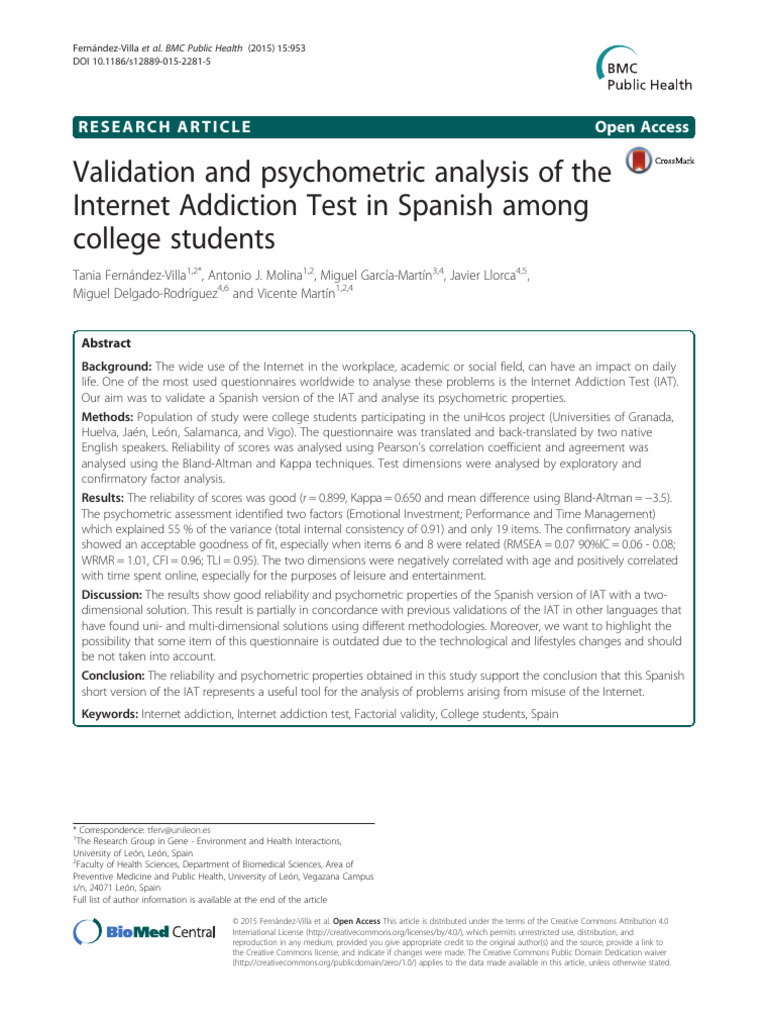 Validation and Psychometric Analysis of the Internet Addiction Test in ...