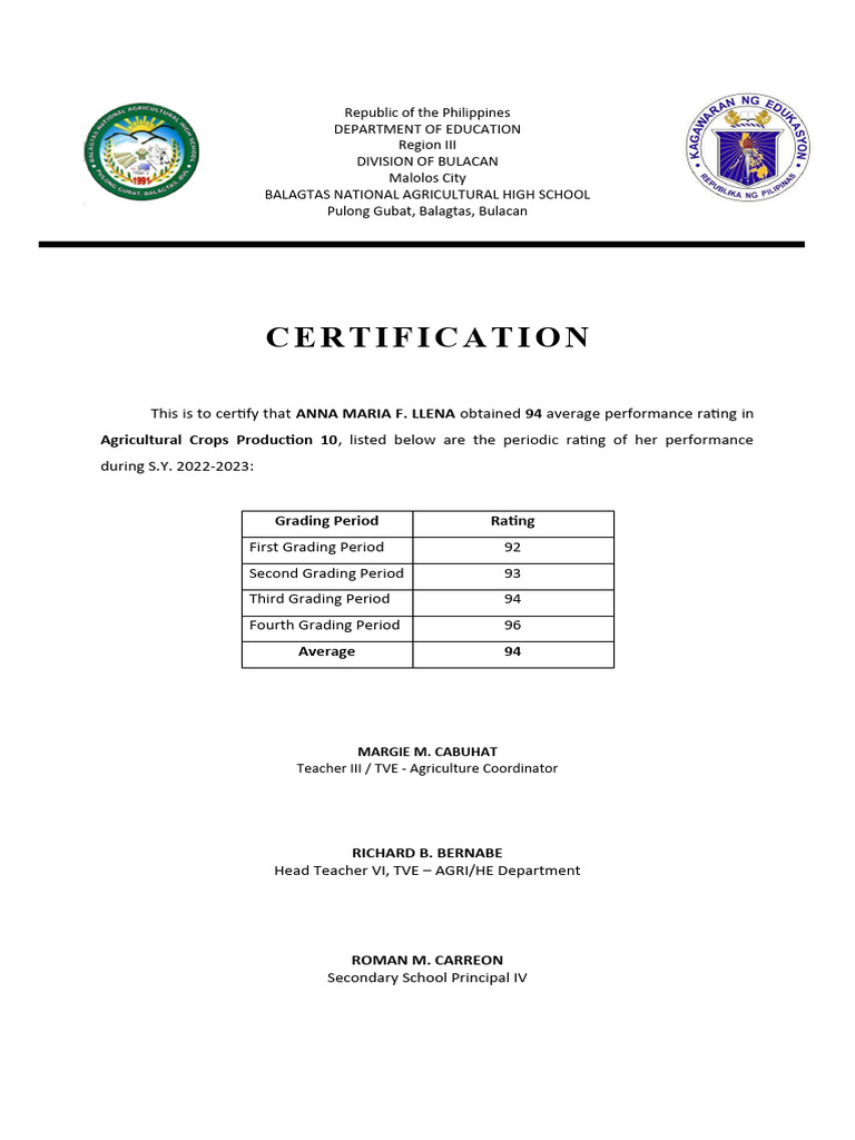 G10 Certification For Performance Q1 4 Students SY 2022 2023 | PDF | Public Administration ...
