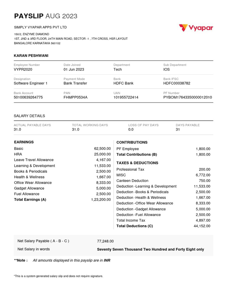 August 2023 Payslip Summary | PDF | Tax Deduction | Salary