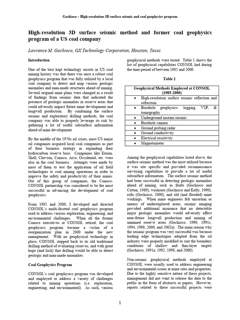 H-Rseolution 3D Surface Seismic Method and Former Coal Geophysics Program of A US Coal Company ...