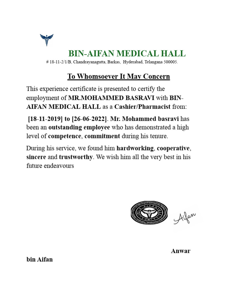 Experience Certificate for Cashier/Pharmacist | PDF