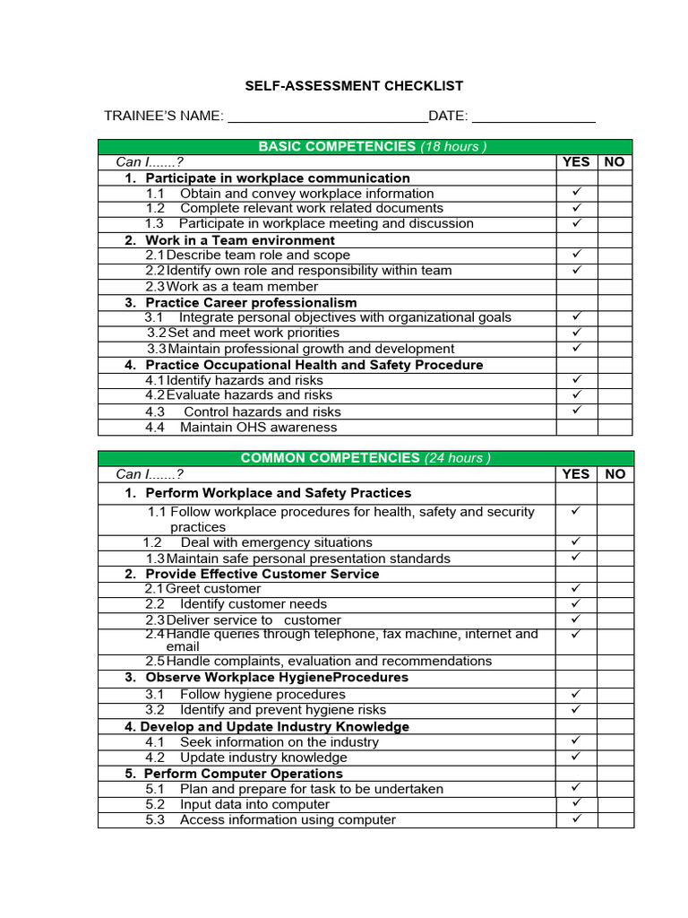 2.self Assessment Checklist | PDF | Cakes | Occupational Safety And Health