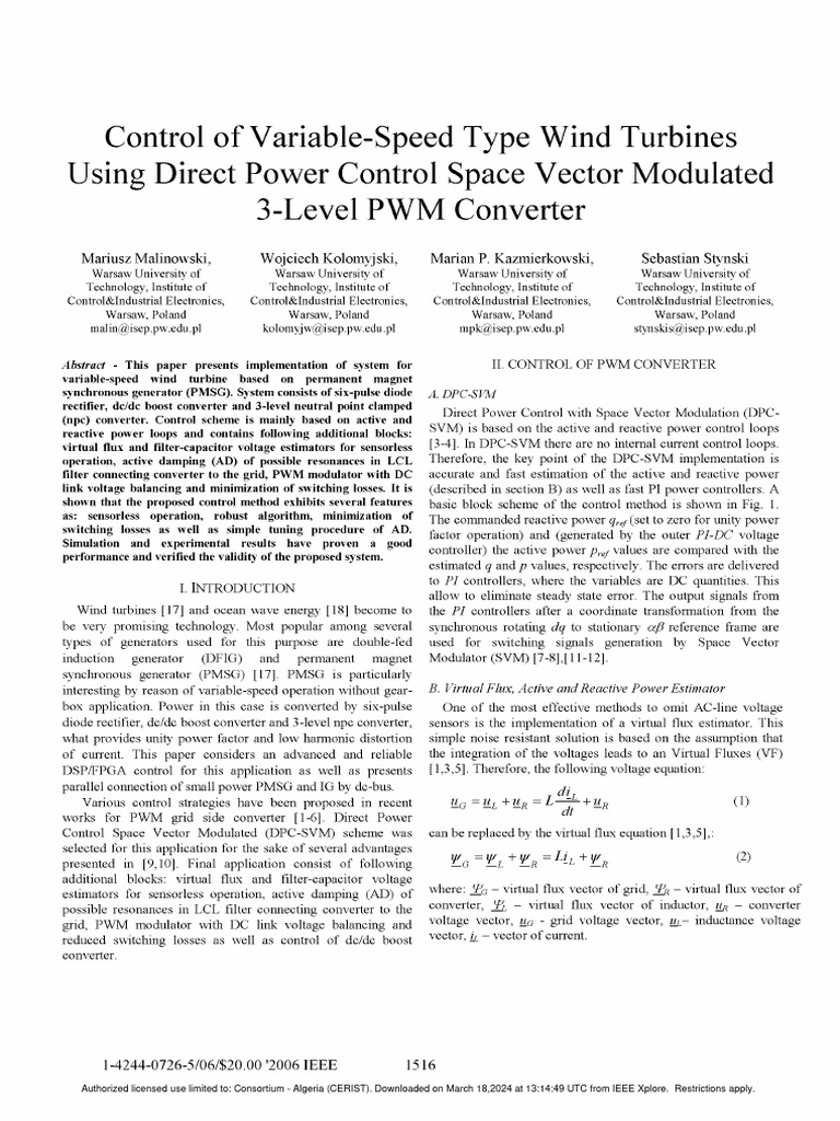 Control of Variable-Speed Type Wind Turbines Using Direct Power Control Space Vector Modulated 3 ...