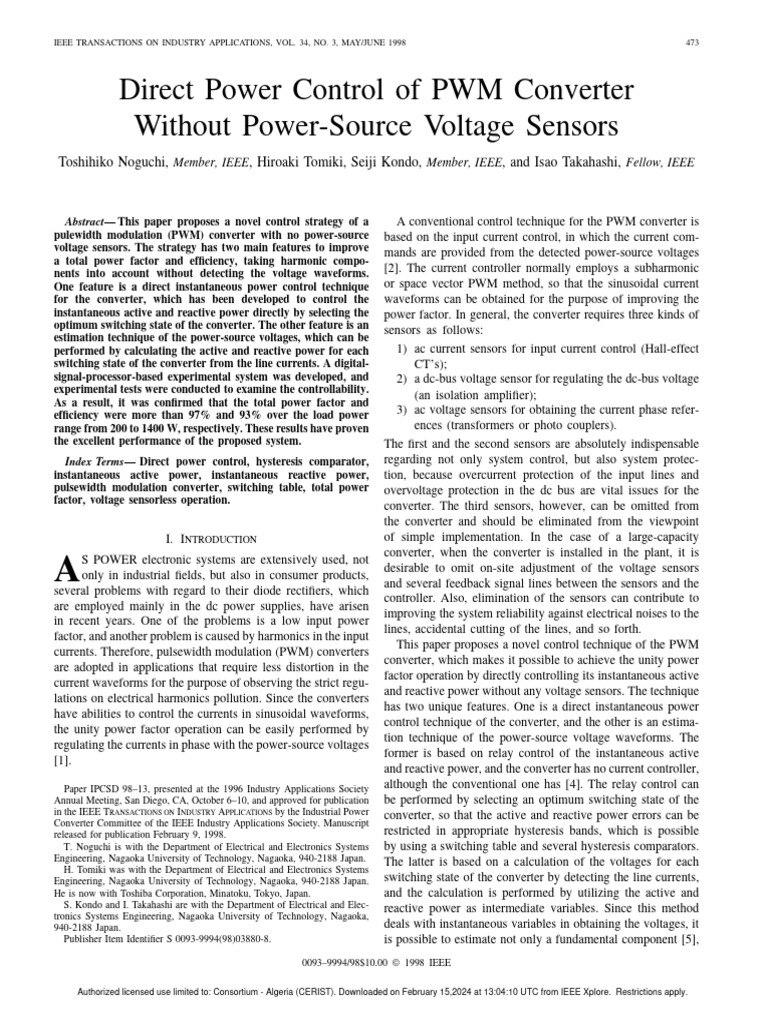 Direct Power Control of PWM Converter Without Power-Source Voltage Sensors | PDF | Ac Power ...