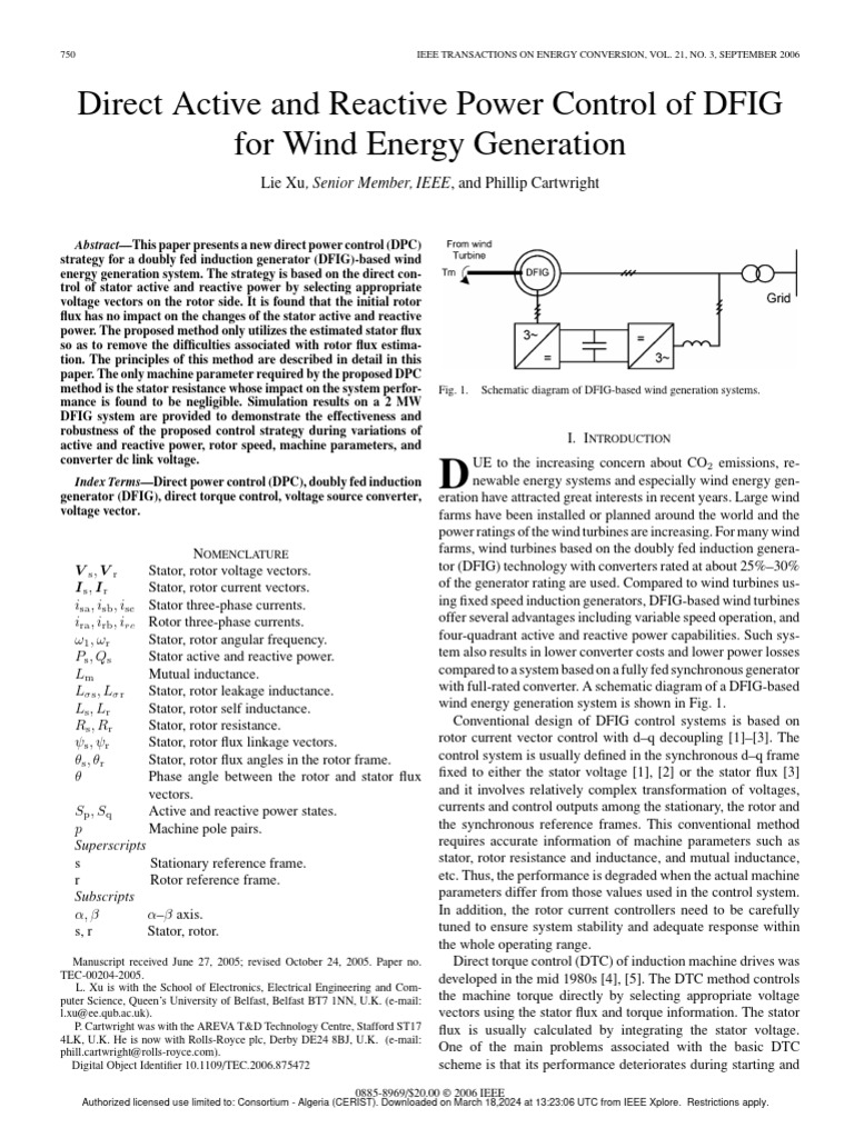 Direct Active and Reactive Power Control of DFIG For Wind Energy Generation | PDF | Electric ...