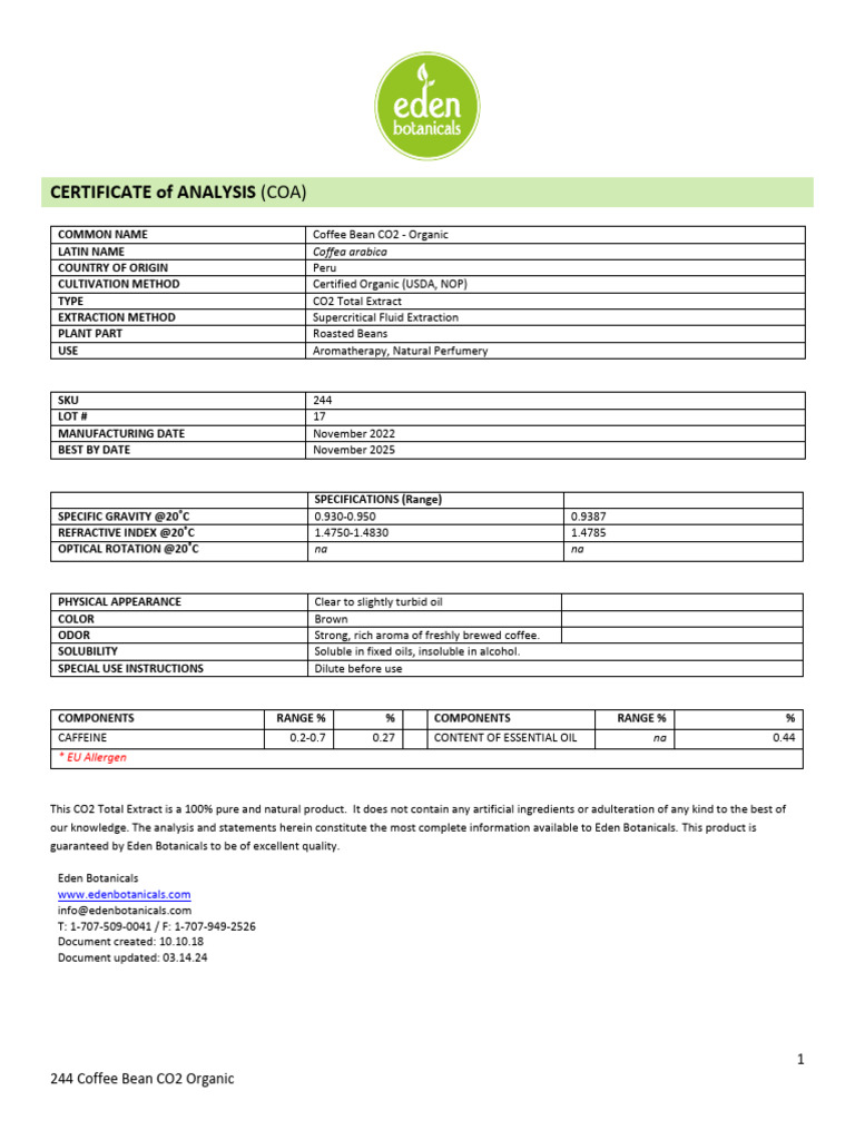 244 Coffee Bean CO2 Organic COA 17 | PDF | Coffee | Drink