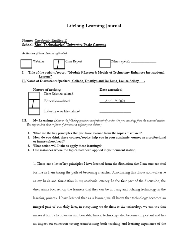 Module 5 Lesson 4 - Models of Technology-Enhances Instructional Lessons | Download Free PDF ...