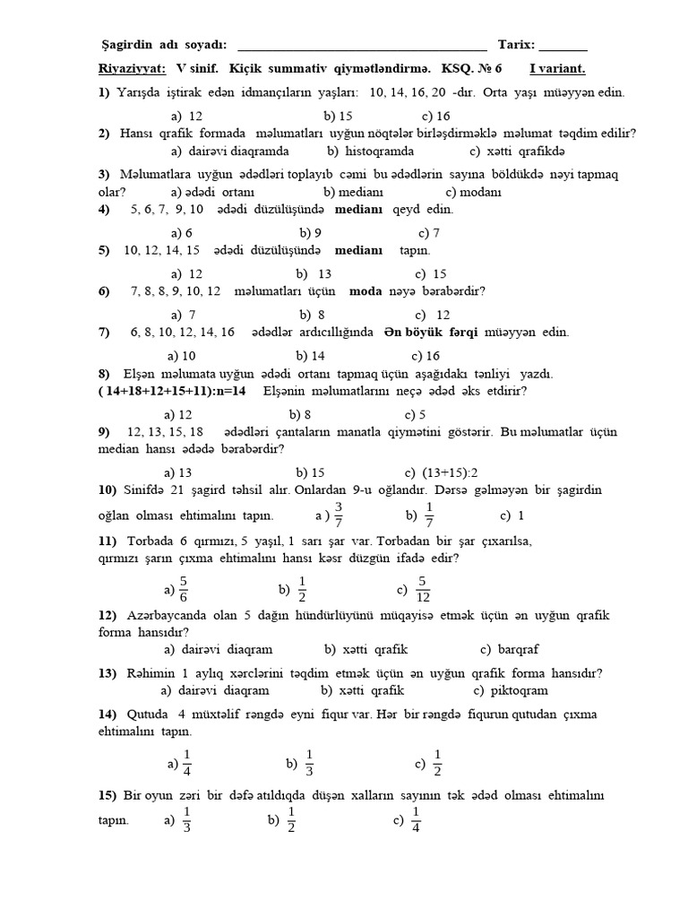 S. Riyaziyyat. KSQ. 6. I-II Variant. FƏRMAN VƏLİYEV. | PDF