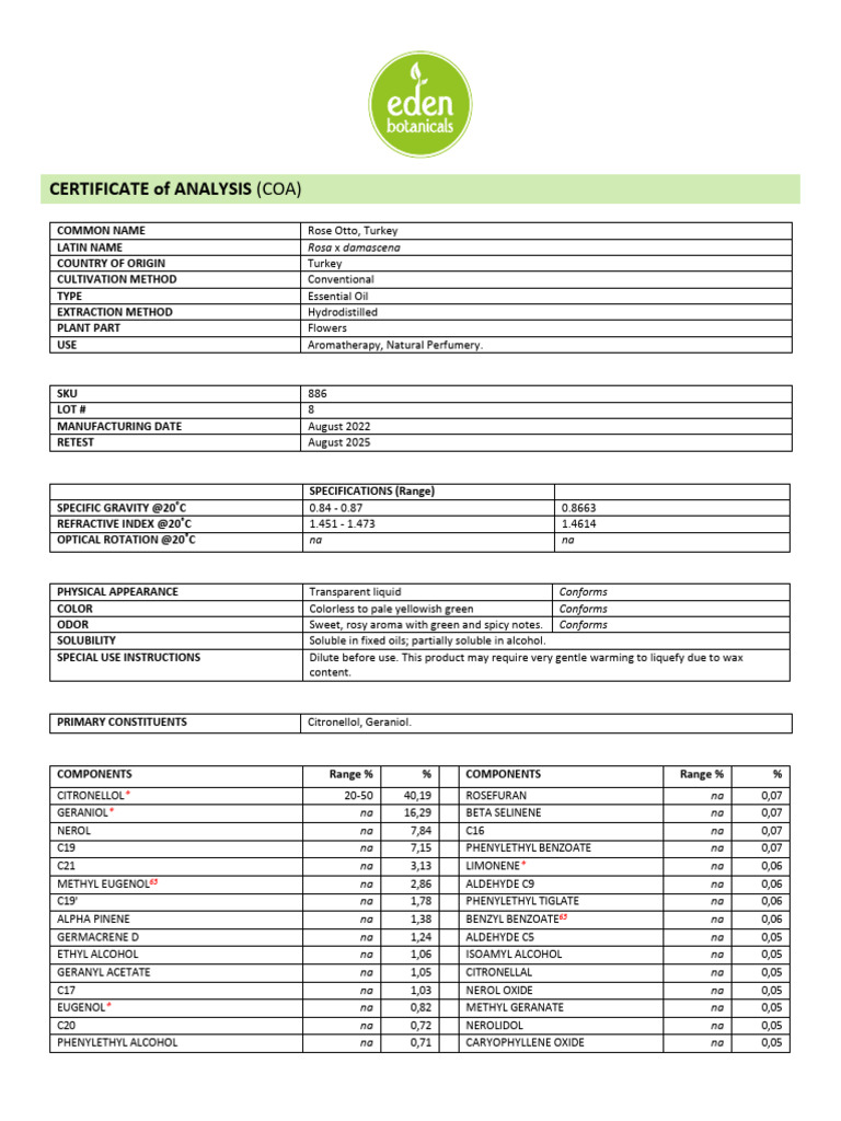 Rose Otto Essential Oil COA - Turkey | PDF | Natural Products | Flavor