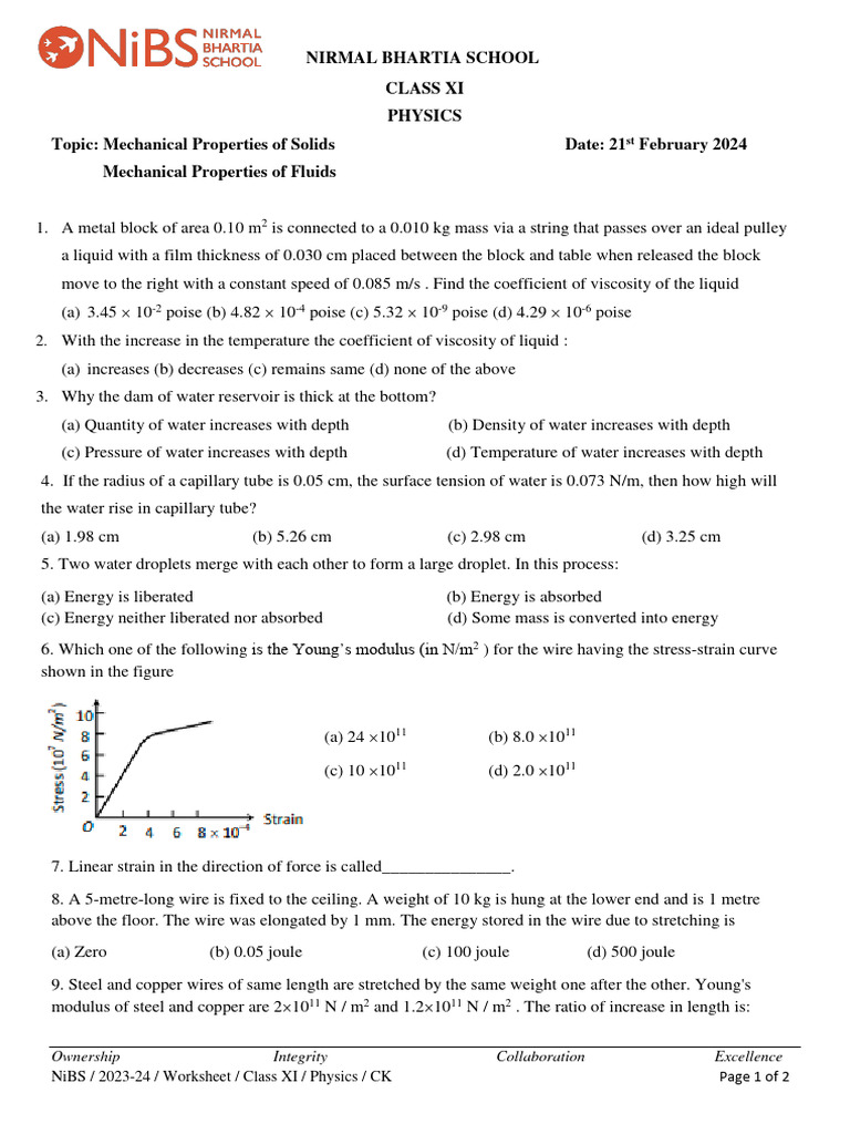 Class 11 Worksheet 3 Solids and Fluids | PDF | Liquids | Water