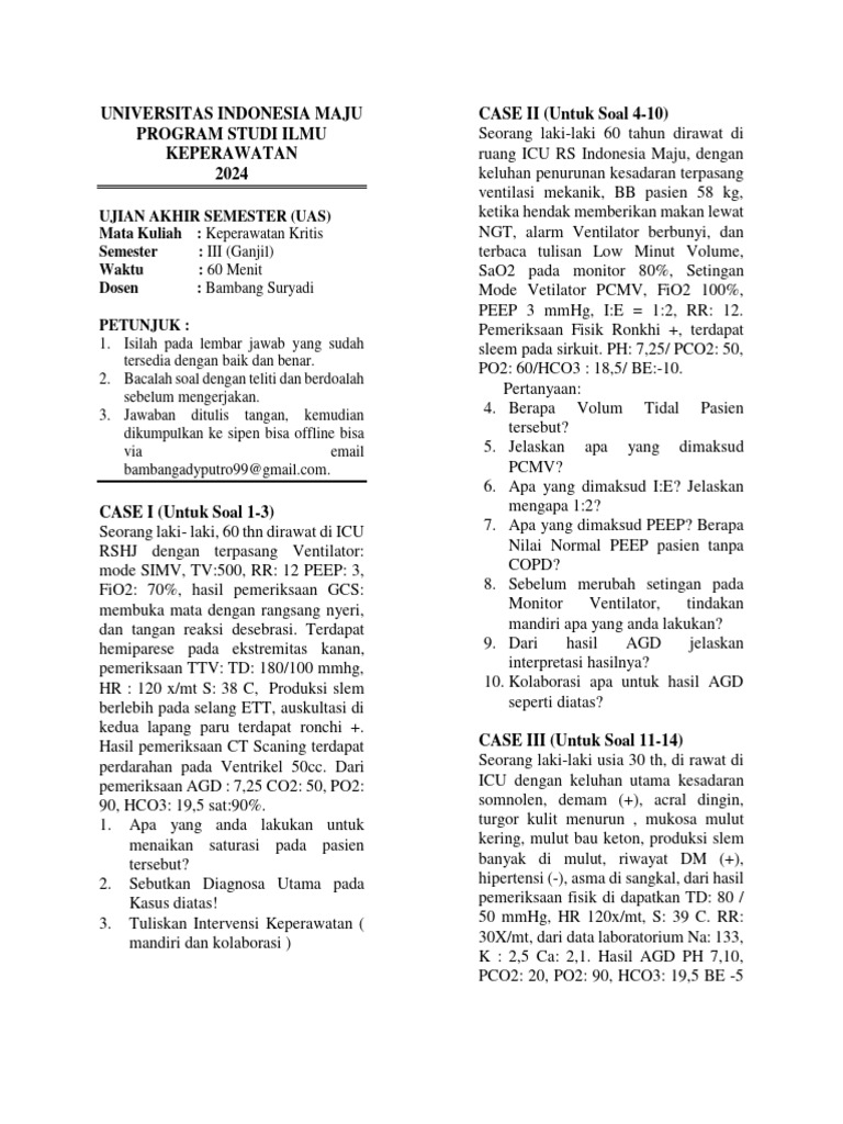 Soal UAS Keperawatan Kritis 2024 | PDF