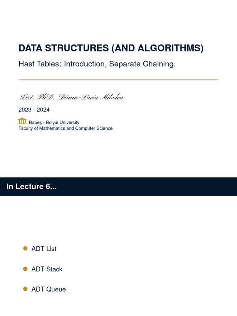 Lecture 7 Hash Table Direct Adreess Tables Hash Tables Intro Separate 