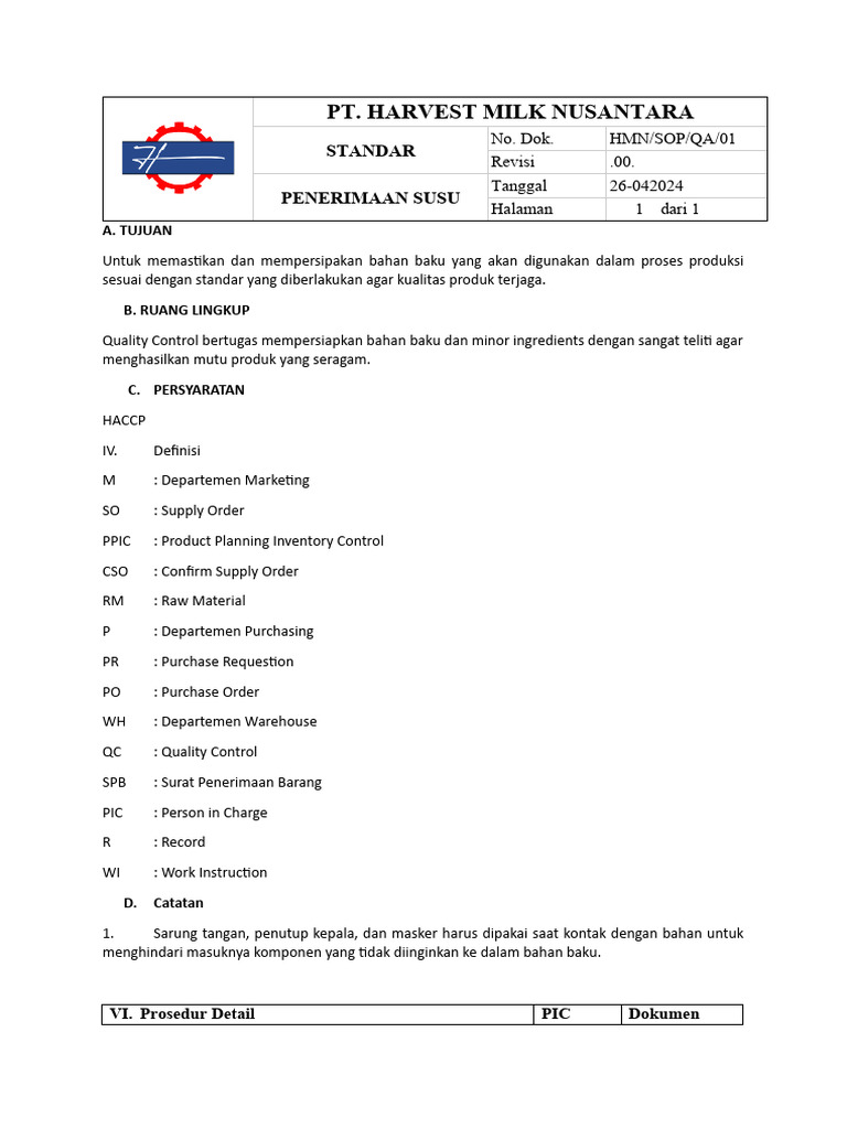 Dokumen Standar Penerimaan Susu | PDF