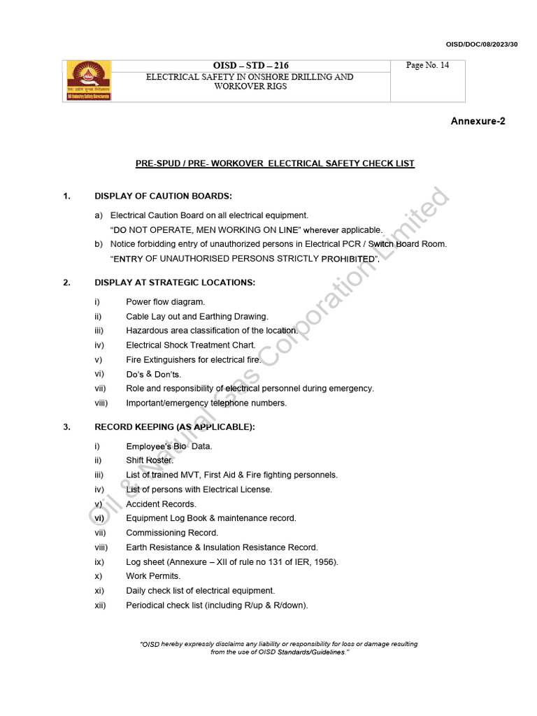 Pre Spud Electrical Checklist | PDF | Insulator (Electricity ...