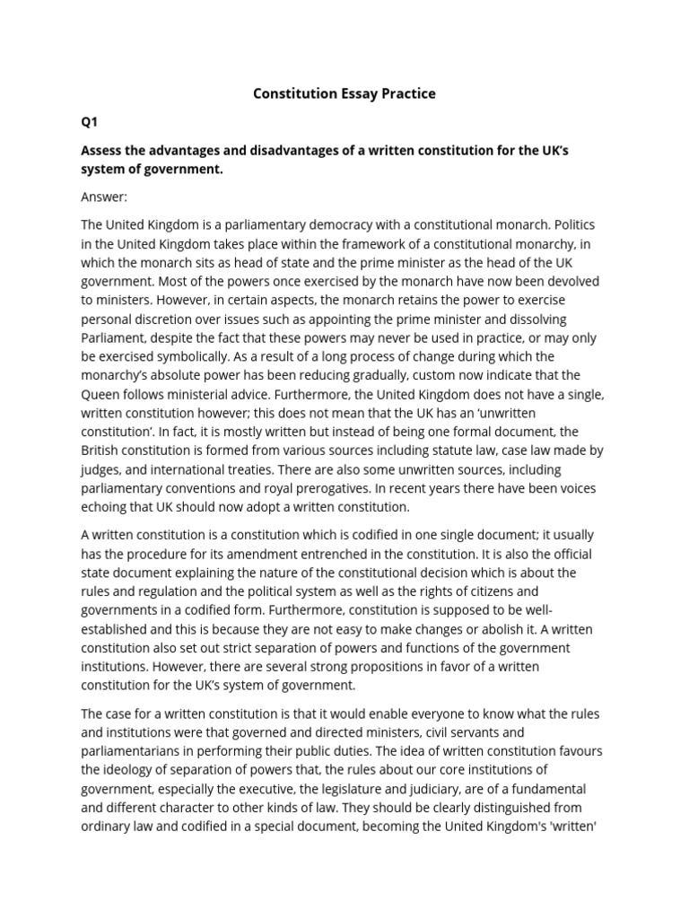 Constitution Essay Practice | PDF | Constitution | Separation Of Powers