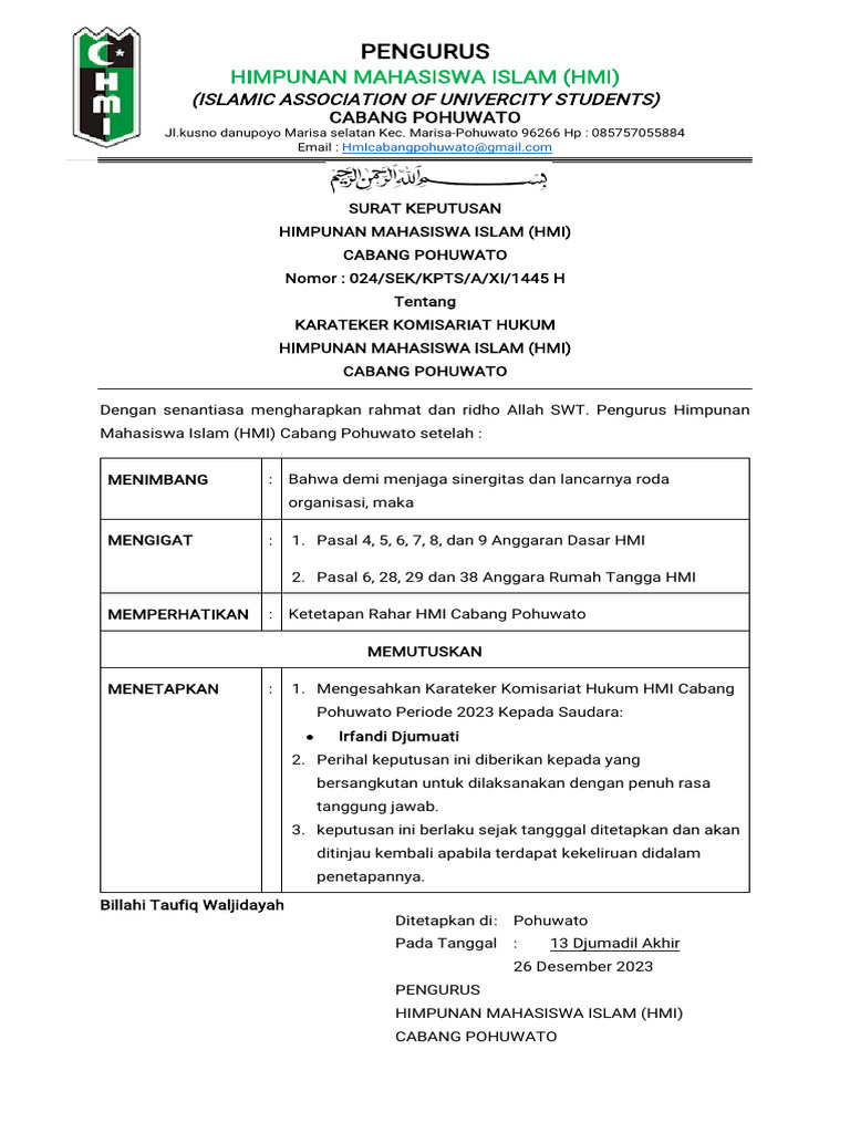 Surat Keputusan HmI Komisarita Teknik Informatika | PDF