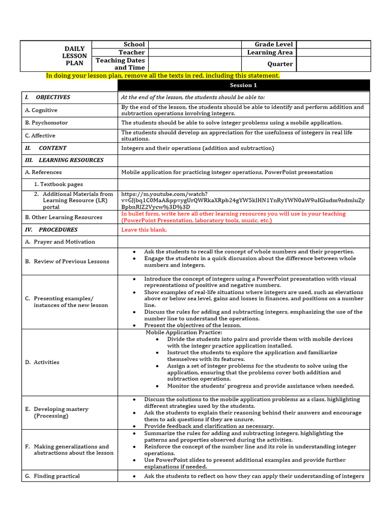 Lesson Plan | PDF | Learning | Integer