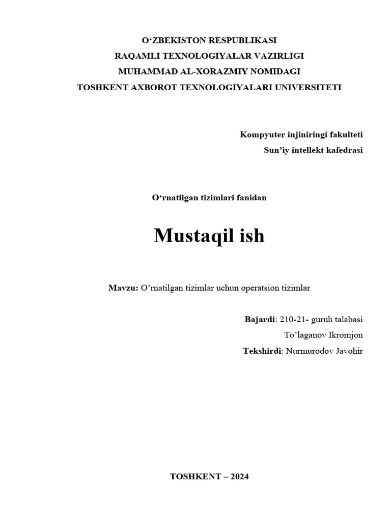 O'rnatilgan Tizmlar Ma'ruza | PDF
